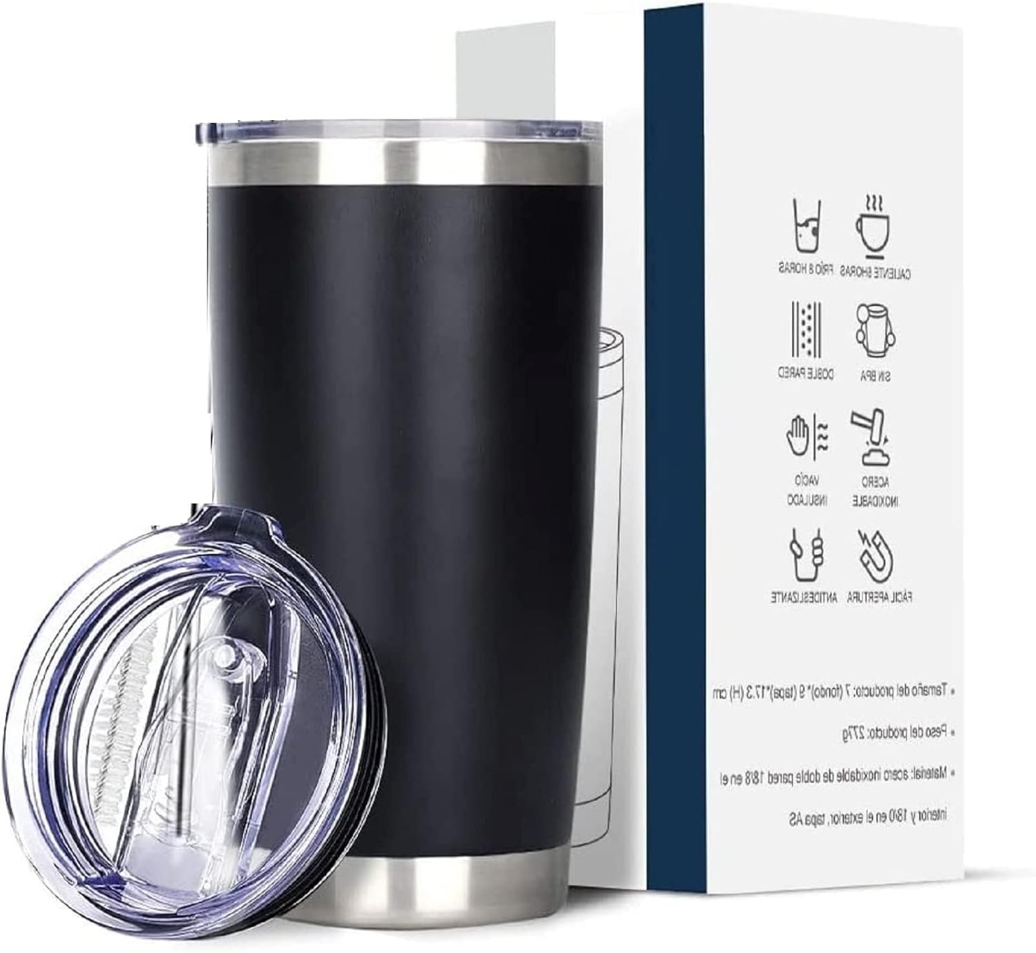 600 ml Taza de café, Vaso Térmico de 304 Acero Inoxidable con Tapa Hermética，Taza Termica Frio y ...