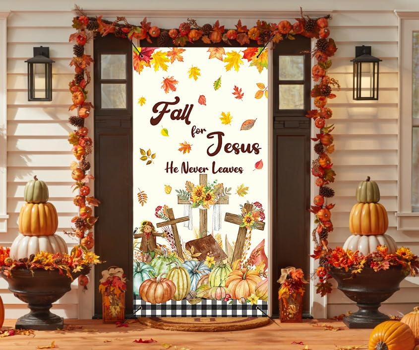 Amazon.com : Generic Fall for Jesus Door Cover He Never Leaves Banner ...