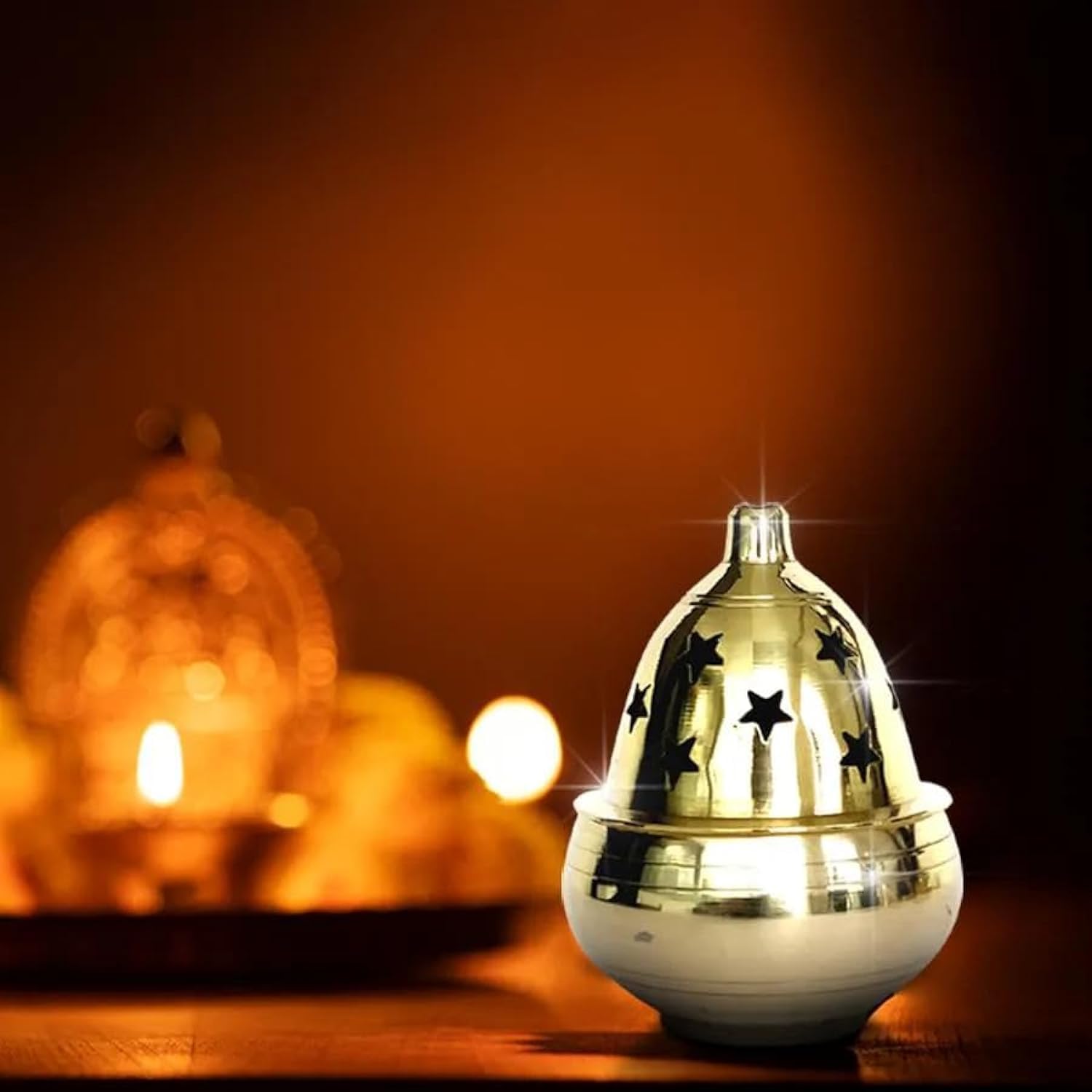 Buy Saubhagya Apple Shape Brass Akhand Diya with Star Holes Cover ...