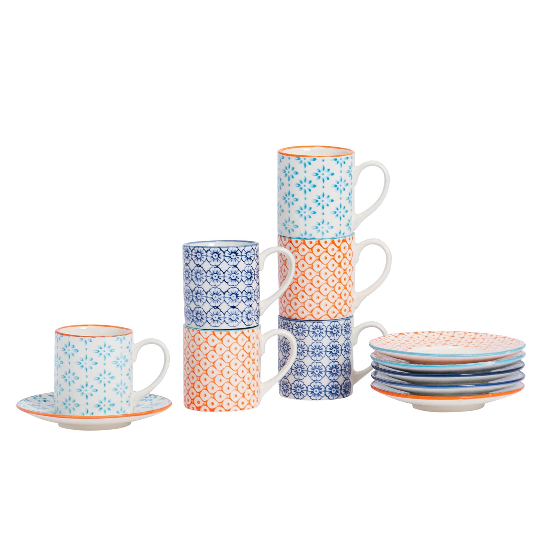 Nicola Spring 12 Piece Hand-Printed Espresso Cup & Saucer Set - 65ml ...