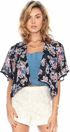 Floral Crop Open Shawl Navy L at Amazon Women’s Clothing store