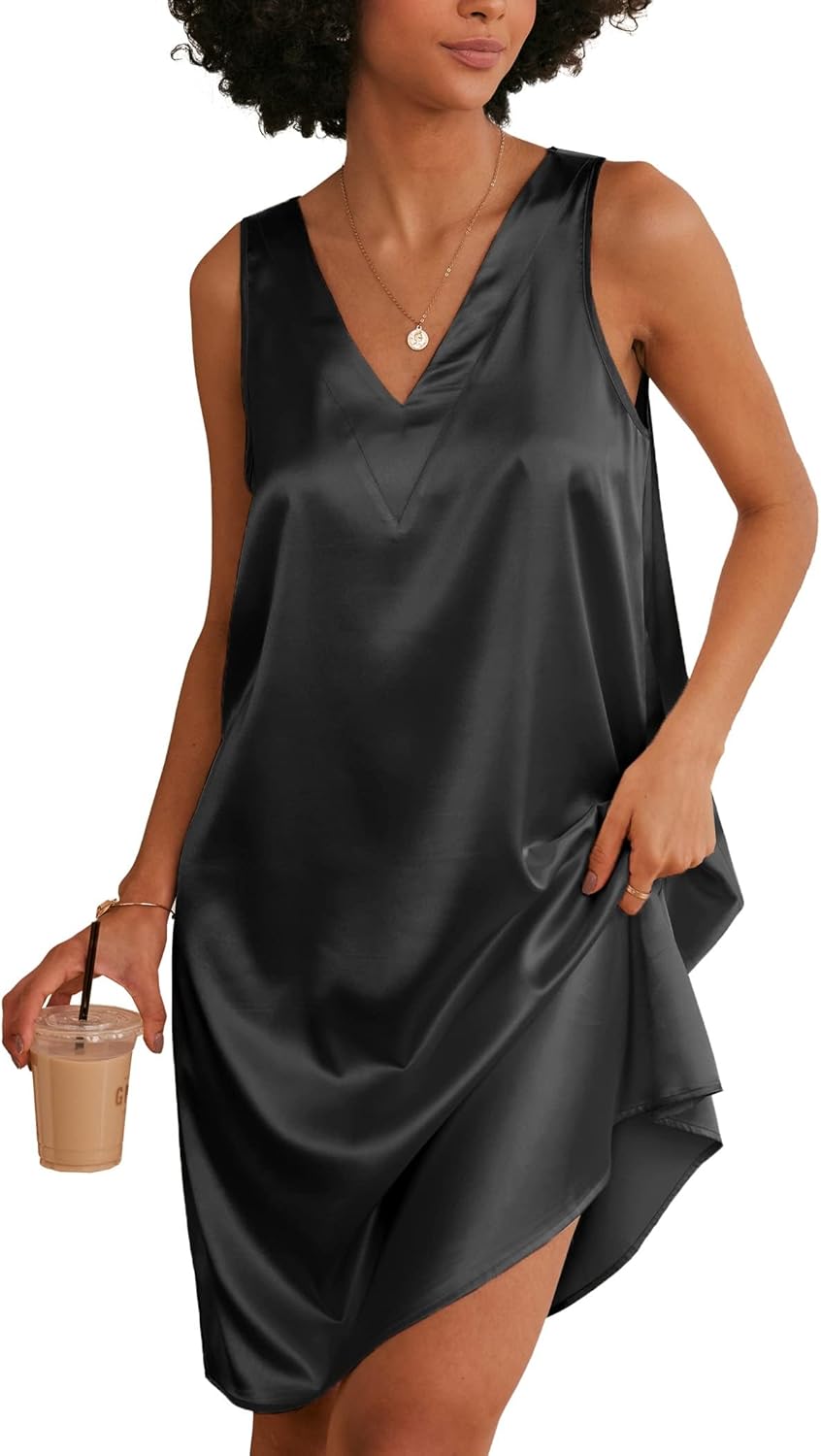 Ekouaer Women's Satin Silk Nightgown V Neck Nightie Tank Sleepshirt Sleeveless Summer Dress ...