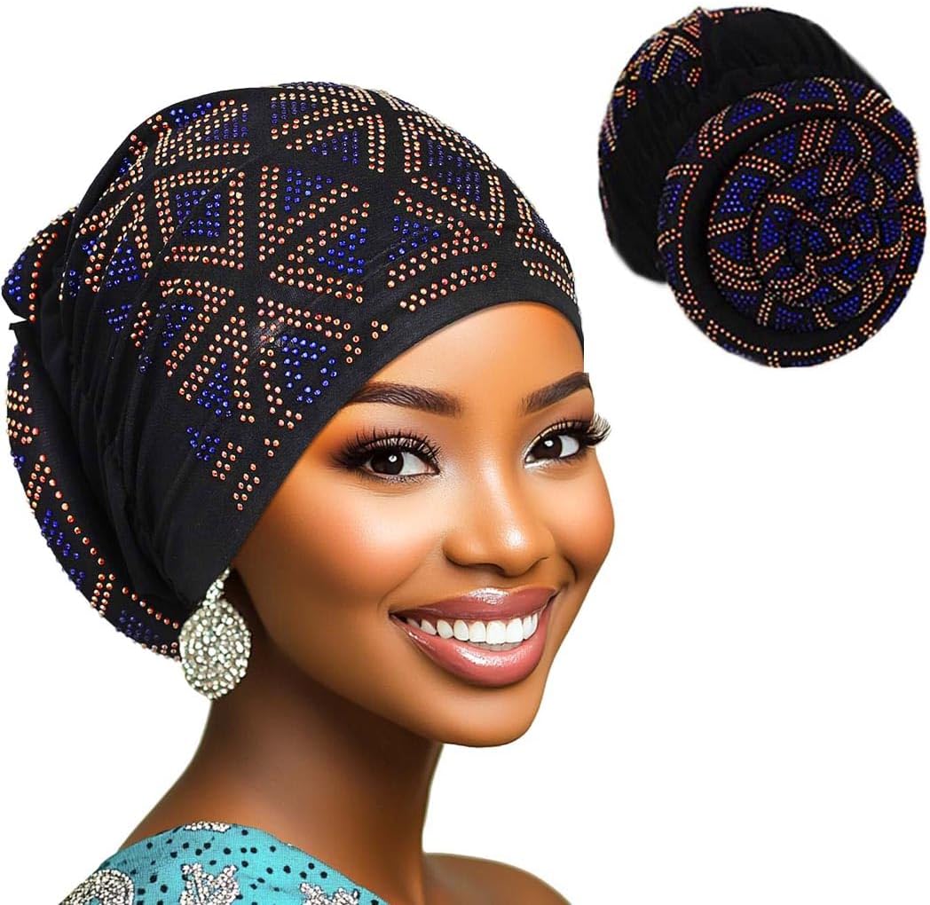 Woeoe African Rhinestone Turban Cap Black Pre Tied Headscarf Bonnet ...