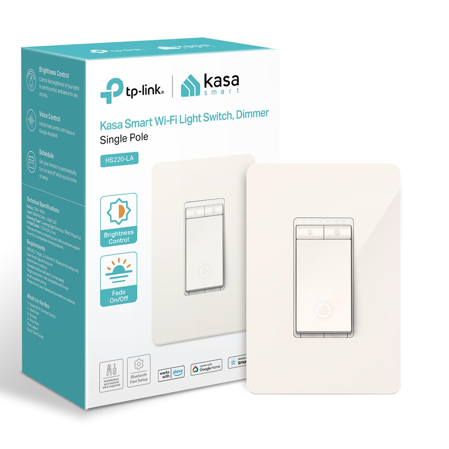 Kasa Smart Dimmer Switch HS220, Single Pole, Needs Neutral Wire, 2.4GHz ...
