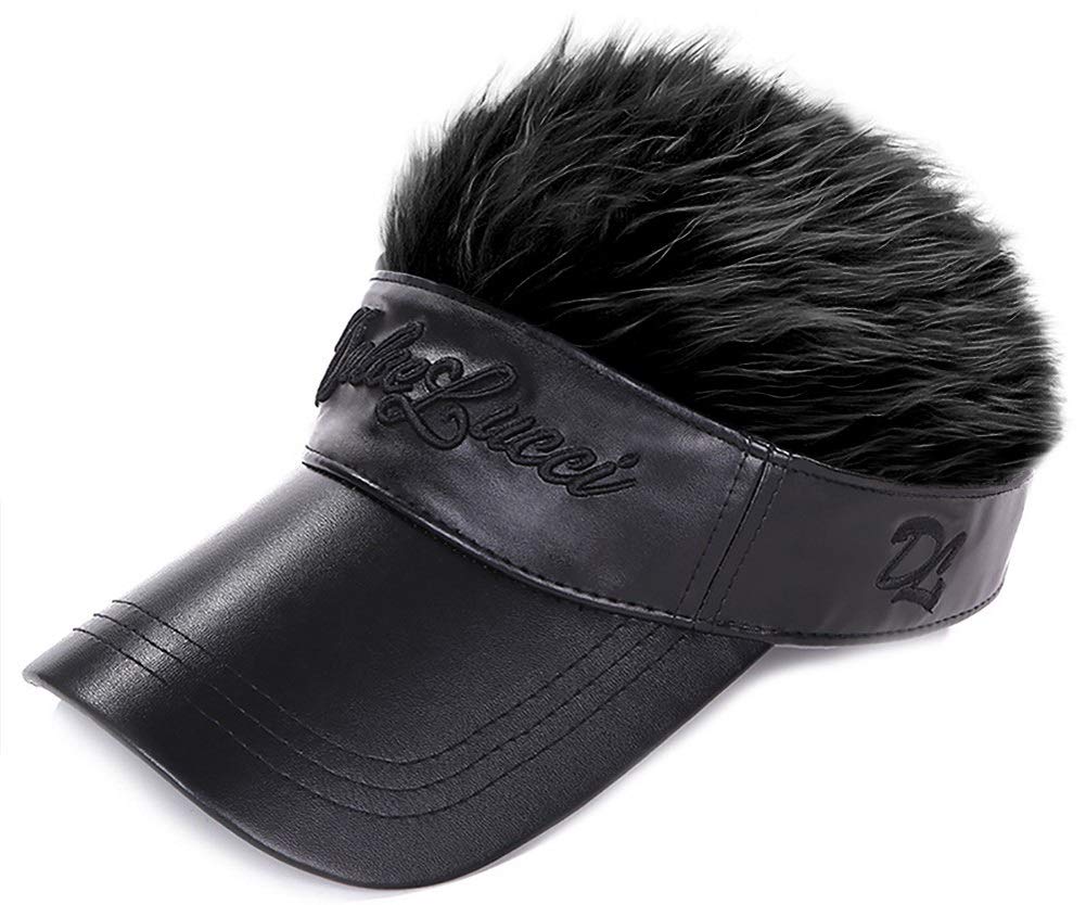 Amazon | [DOLCE LUCCI] 【フサフサ髪の毛 フレア バイザー】 PUレザー フレアー サンバイザー ウィッグ レザー キャップ ハゲ かつら 帽子 ゴルフ 釣り ジョーク ...