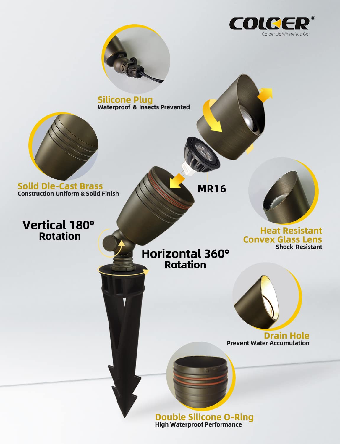 COLOER Die-cast Brass Landscape Spotlights, 10 Pack Landscape Light ...