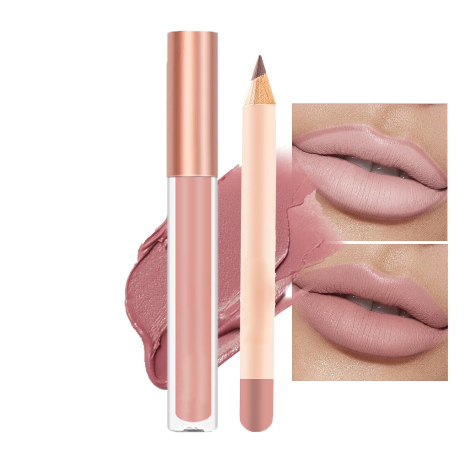Nude Liquid Lipgloss - Lip Liner and Lipstick Set - Non-Sticky Long ...