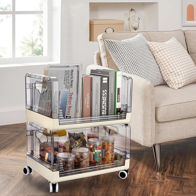 Zorzel Double-Deck Collapsible Storage Shelves with Wheels, Plastic ...
