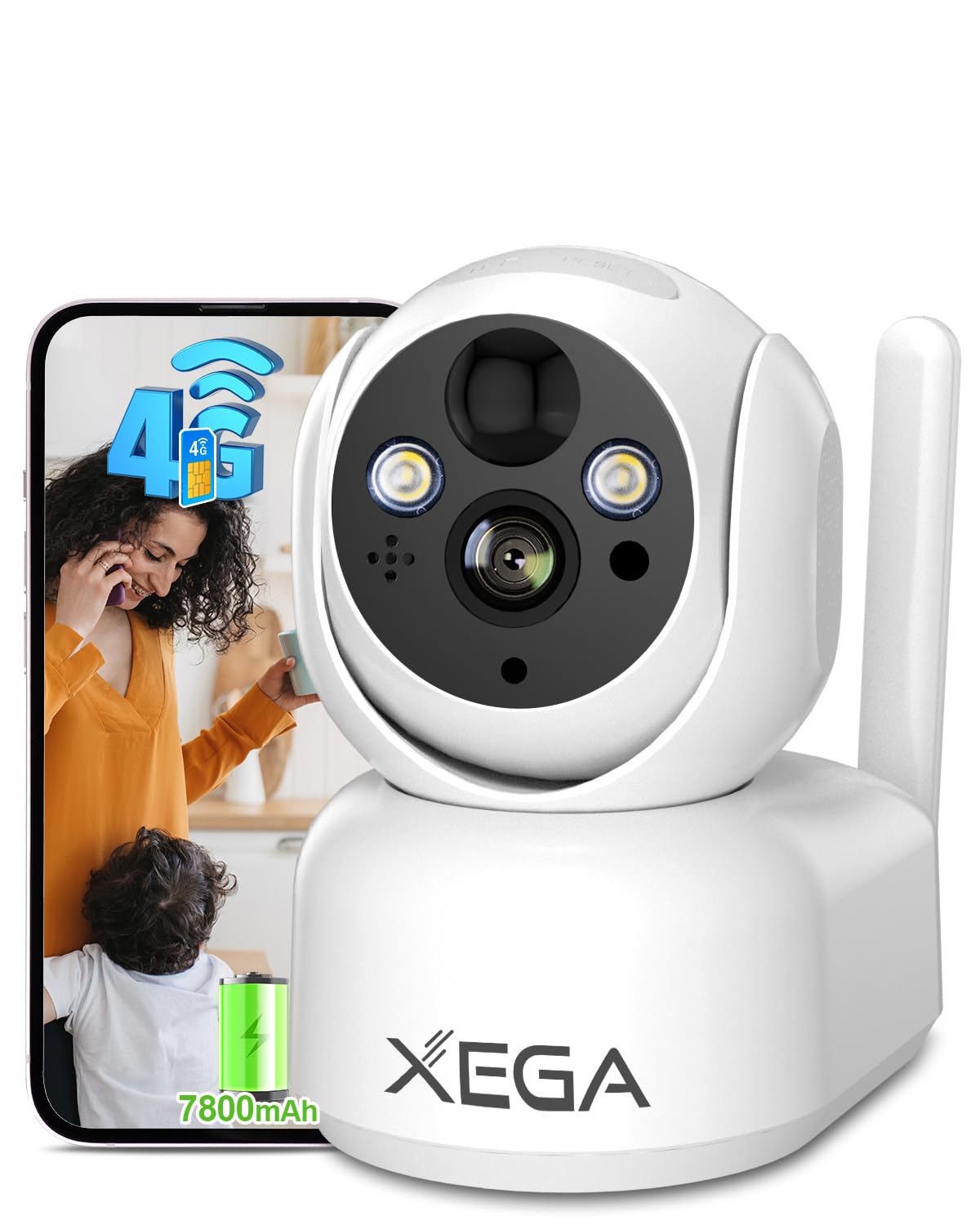 Xega 4G CCTV Indoor Security Camera Wireless-7800mAh Battery, 2K Super ...