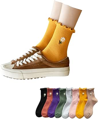 LONGSILVER Daisy Socks Women Ruffle Cotton Sock 8 Pairs Cute Preppy ...