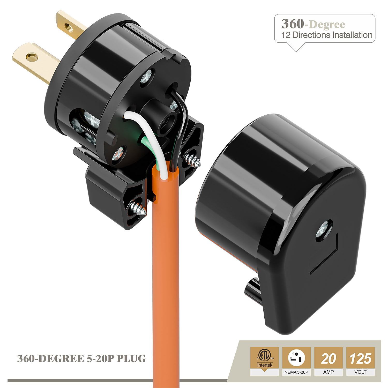 Snapklik.com : USA 3-Prong Male AC Plug, Right Angle ETL Nema 5-20P 3 ...