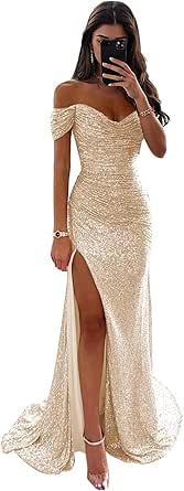 Amazon.com: Women's Sequin Prom Dresses with Slit Mermaid Long Ball Gown Ruched Sparkly Formal ...