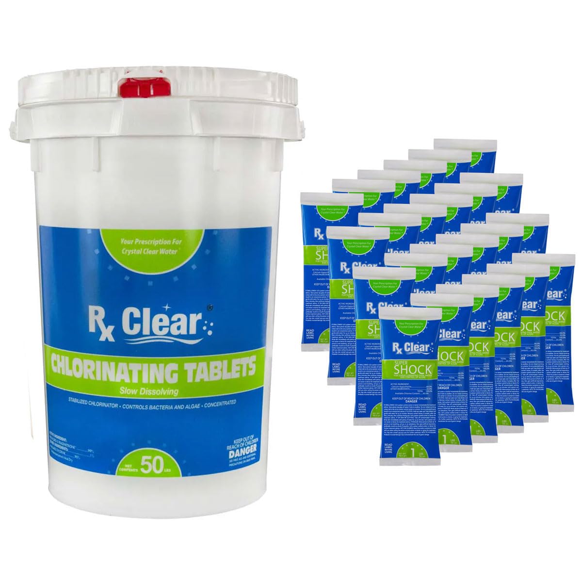 Amazon.com : Rx Clear 50 lbs 3" Chlorine Tablets & 24 lbs Super Shock ...