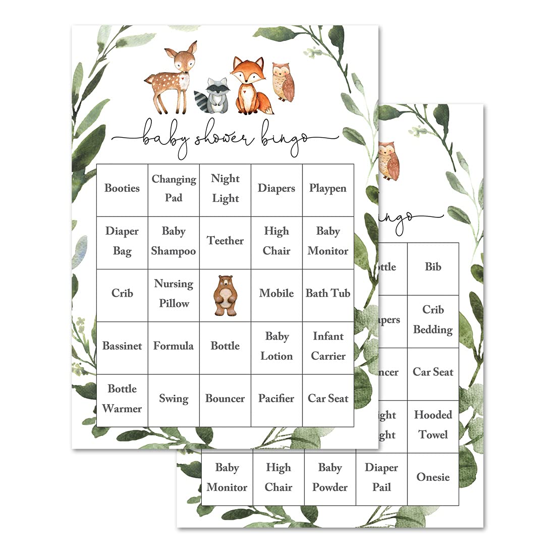 Baby Shower Bingo Game Girl InvitationHouse Greenery Woodland Animals ...