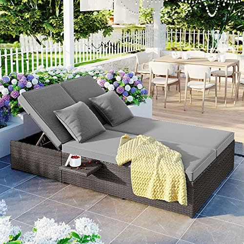 Amazon.com : Outdoor PE Rattan Daybed Double Reclining Chairs with ...