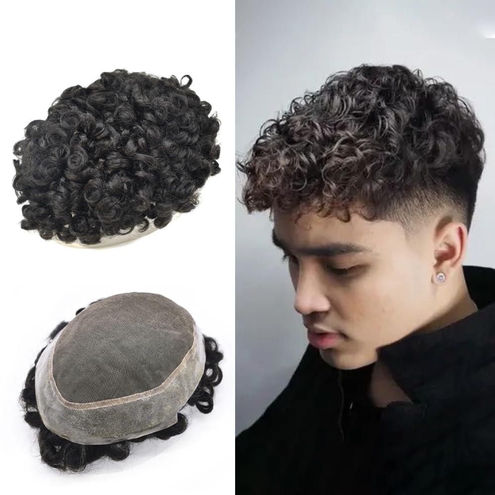 Amazon.com : Right Hair Curly Hair Toupee For Men Real Human Hair Piece ...