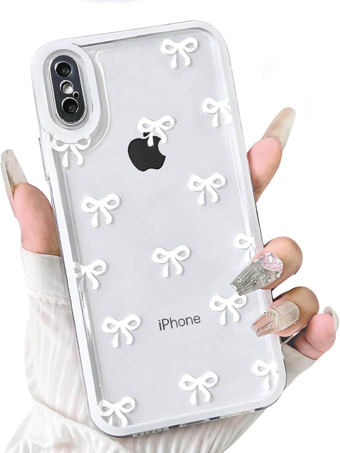 NITITOP Compatible with iPhone X/XS Case Cute Clear White Durable Ribbon Bowknot Pattern for ...