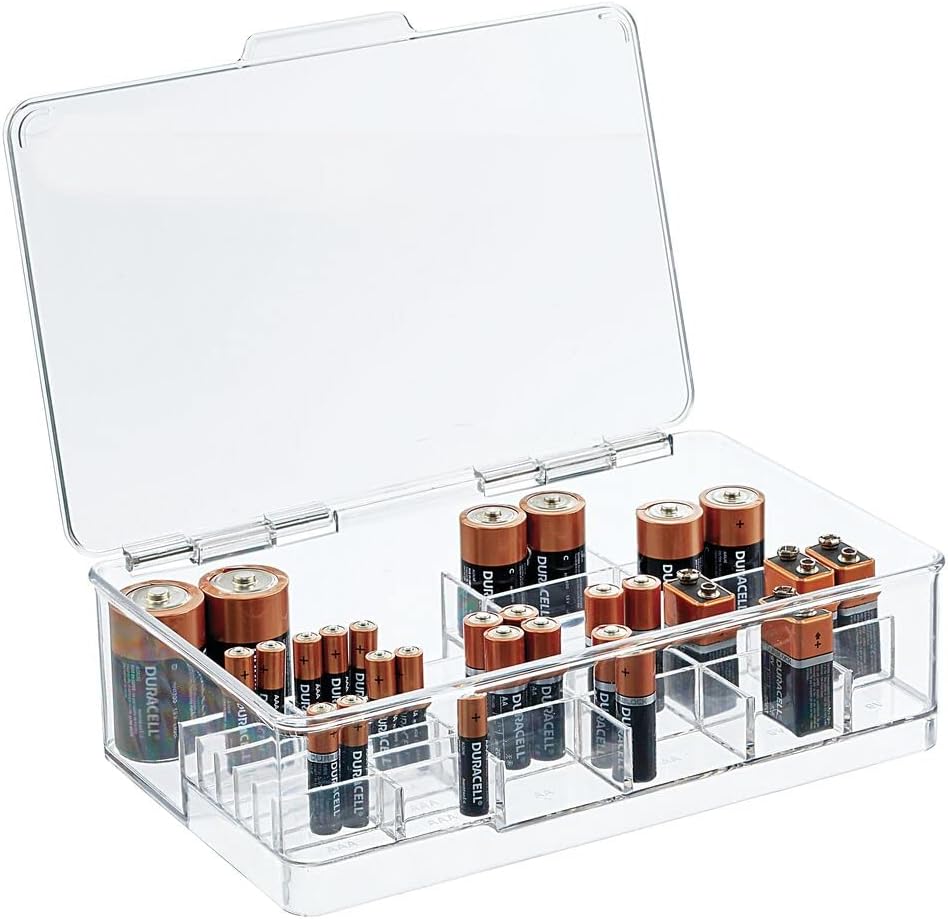 mDesign Stackable Divided Battery Storage Organizer Box Bin with Hinged ...