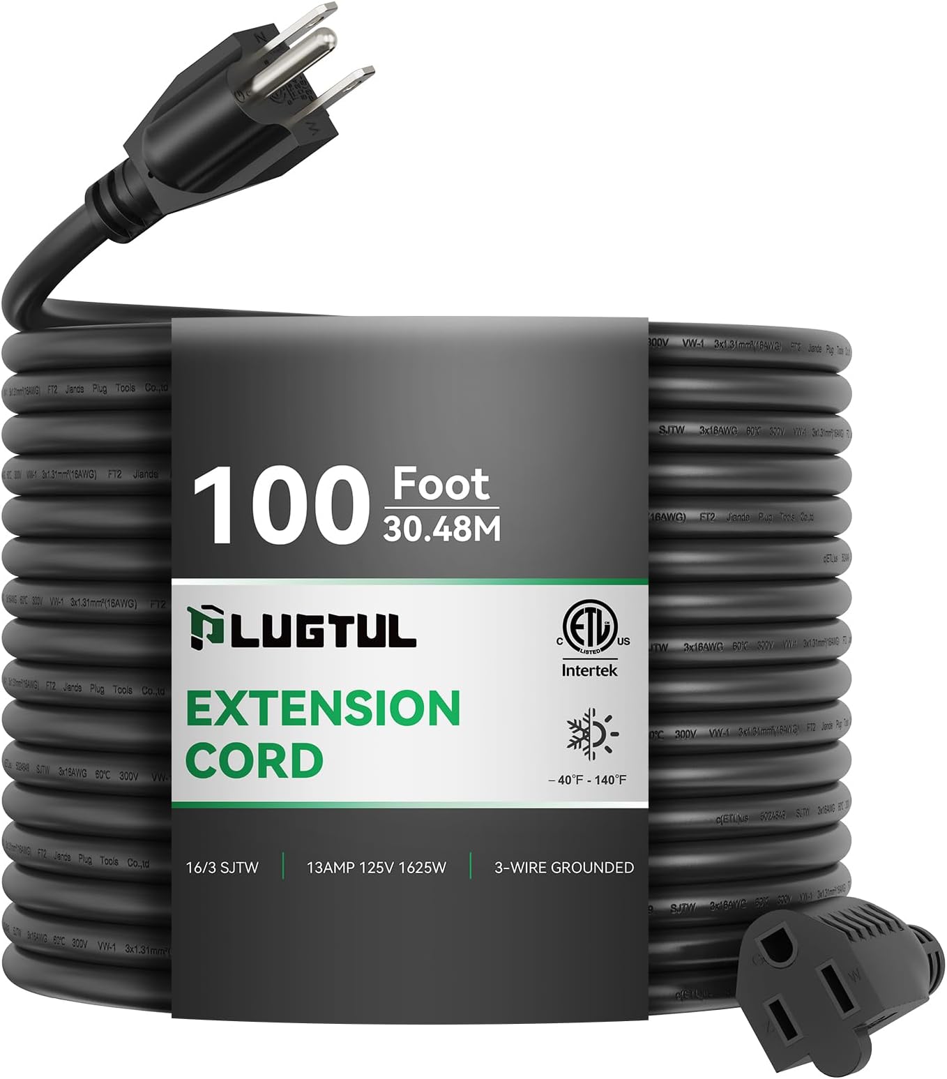 PLUGTUL 100 FT Outdoor Extension Cord Waterproof 16/3 Black Heavy Duty ...