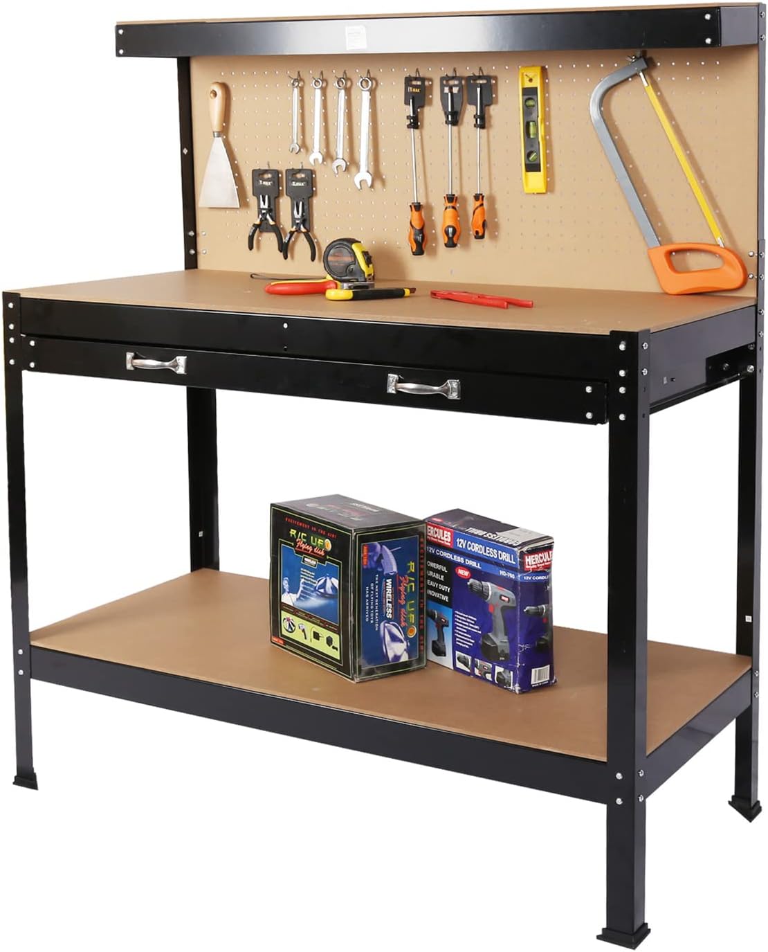 Work Bench with Drawers, Wood Workbench with Peg Board and Storage ...
