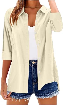 Open Front Blouse for Women Turndown Collar Button Down Shirts 3/4 ...