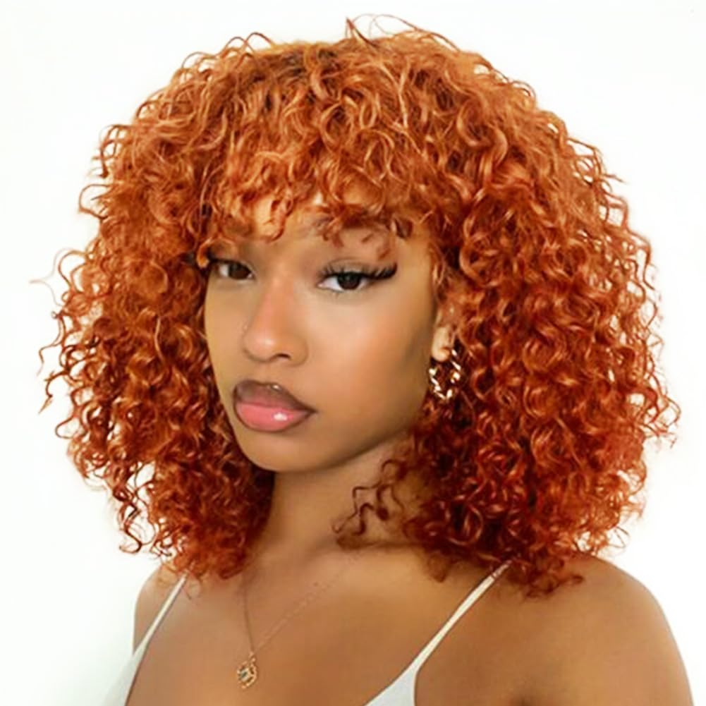 DÉBUT Human Hair Wig With Bangs Short Curly Bob Wig Human Hair Jerry ...