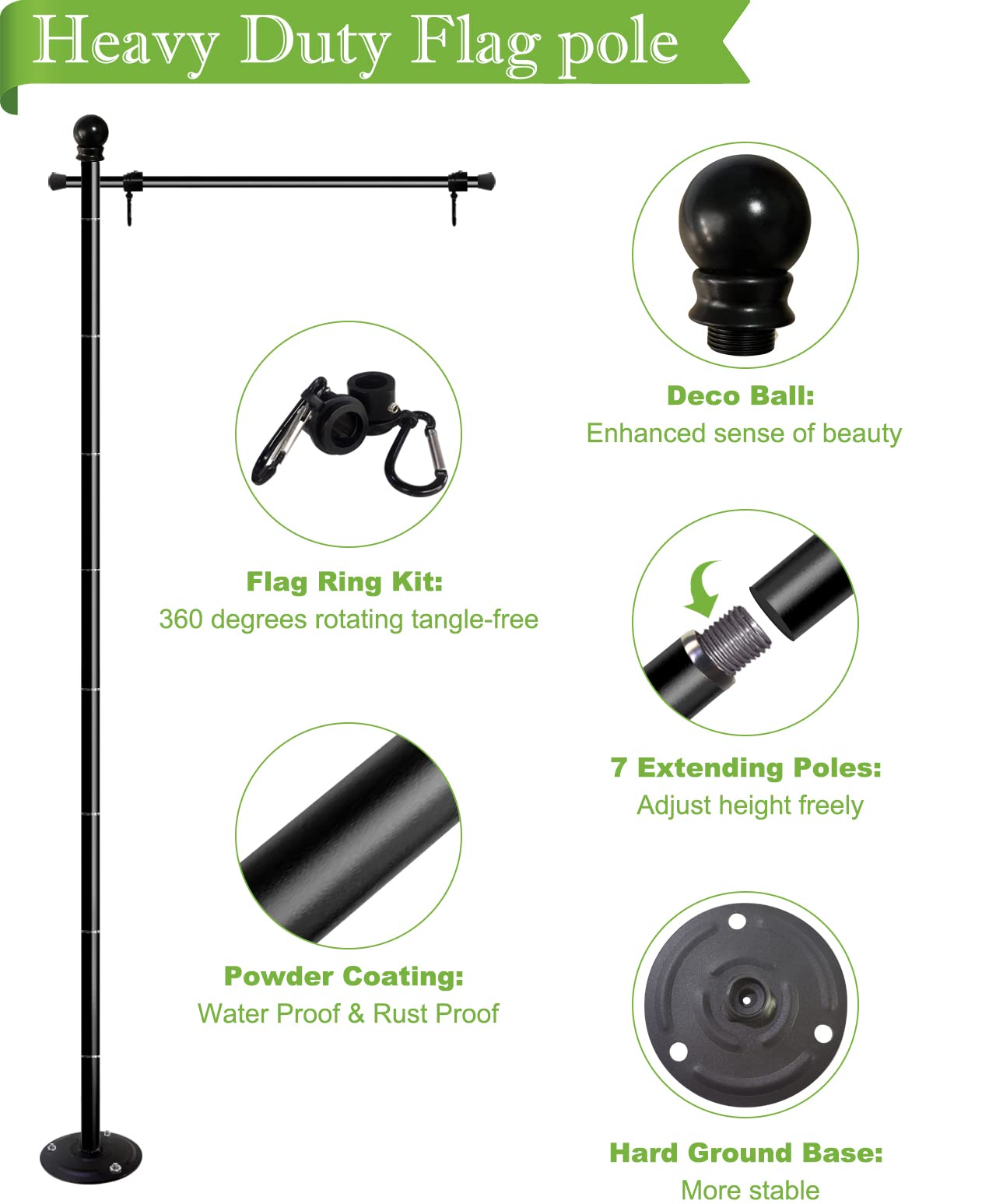 Koutemie 10FT Garden Flag Pole Stand with Metal Base for 3x5 American ...