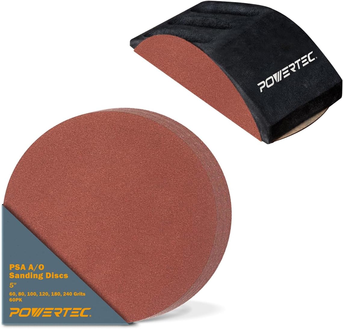 Brandclub - POWERTEC Sanding Block with 60PK 5" Sanding Discs (60, 80 ...