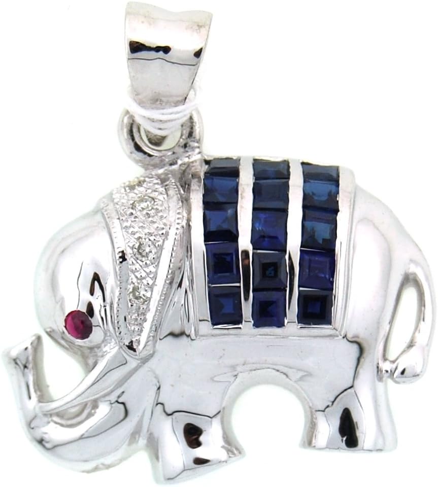 Amazon.com: 18K White Gold Elephant Pendant Diamond Blue Sapphire ...