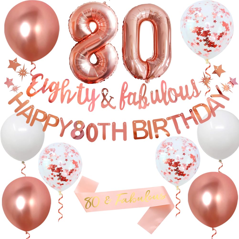 80th Birthday Decorations Include Rose Gold Eighty & Fabulous Banner ...