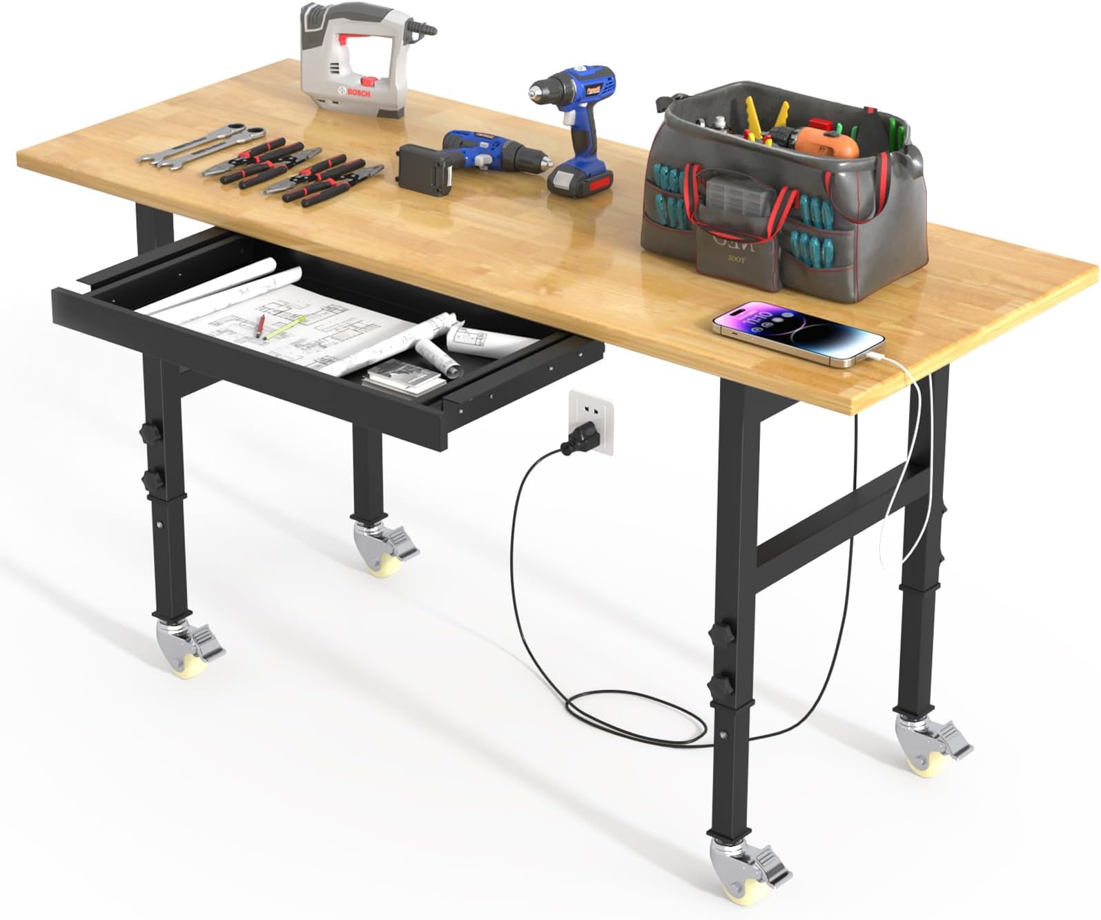 Amazon.com: Husky 52 in. Adjustable Height Work Table with 2-Drawers in ...