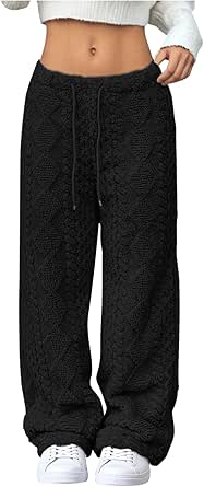 Womens Fuzzy Fleece Pants Elastic Waist Drawstring Wide Leg Pant Winter ...