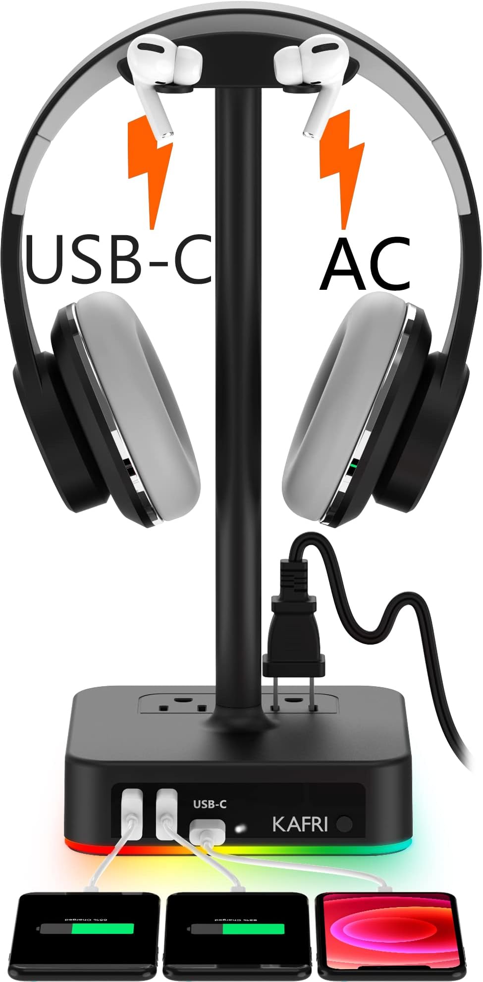 Amazon.com: KAFRI RGB Headphone Stand with USB A&C Charger Desk Gaming ...
