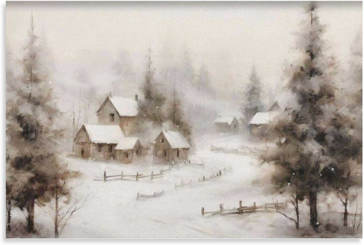 Amazon.com: ALKoy Winter Country Farmhouse, Vintage Snowy Wonderland, Snowscape Pine Trees Art ...