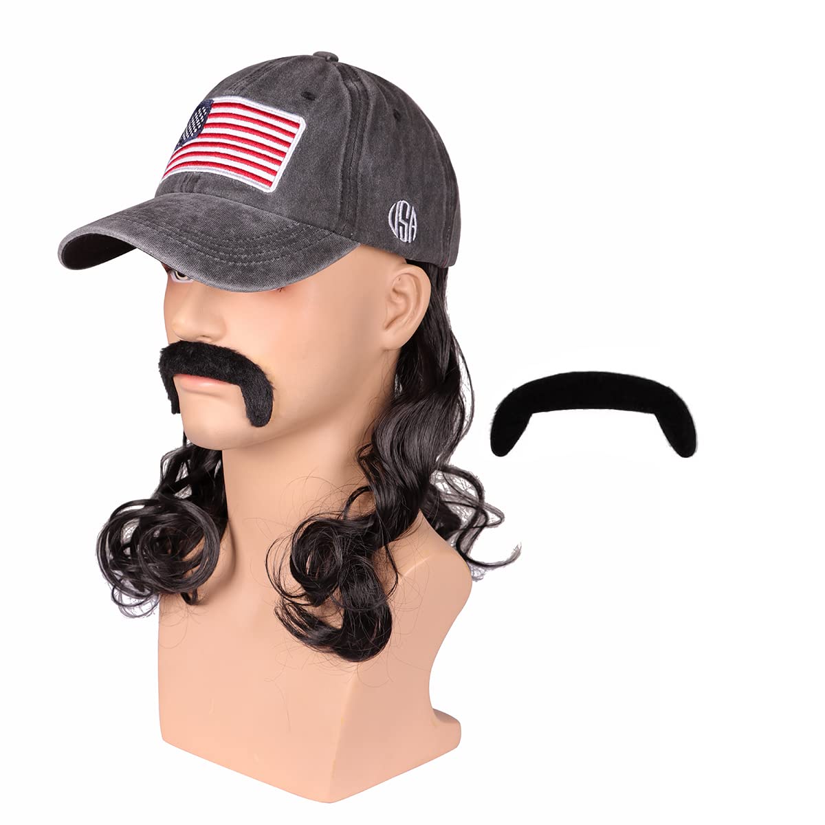 Amazon.com: FantaLook Medium Black Wavy 80s Mullet Hat Wig with ...