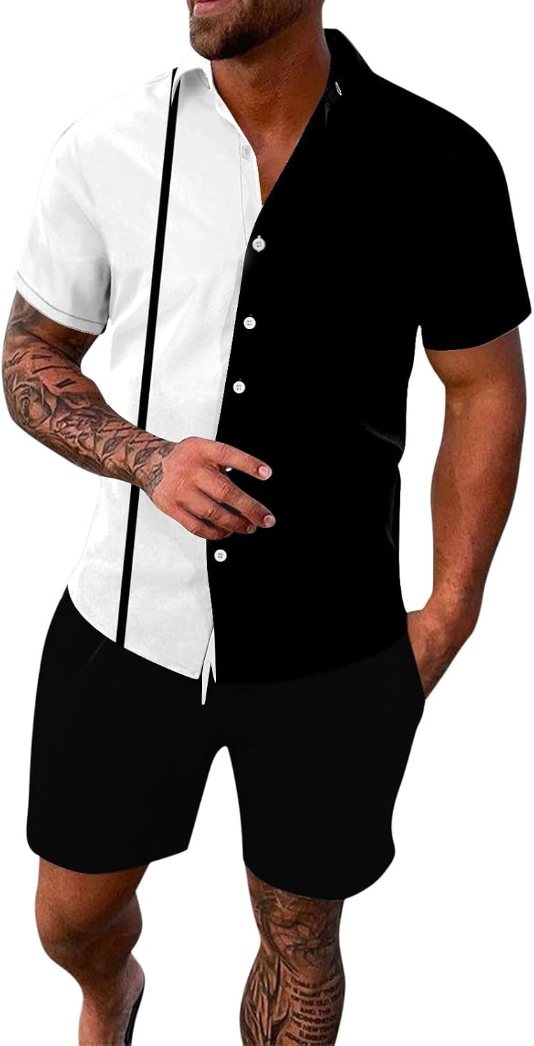 Mens Summer Short Sets Outfits 2 Piece - Stripe Casual Button Down ...