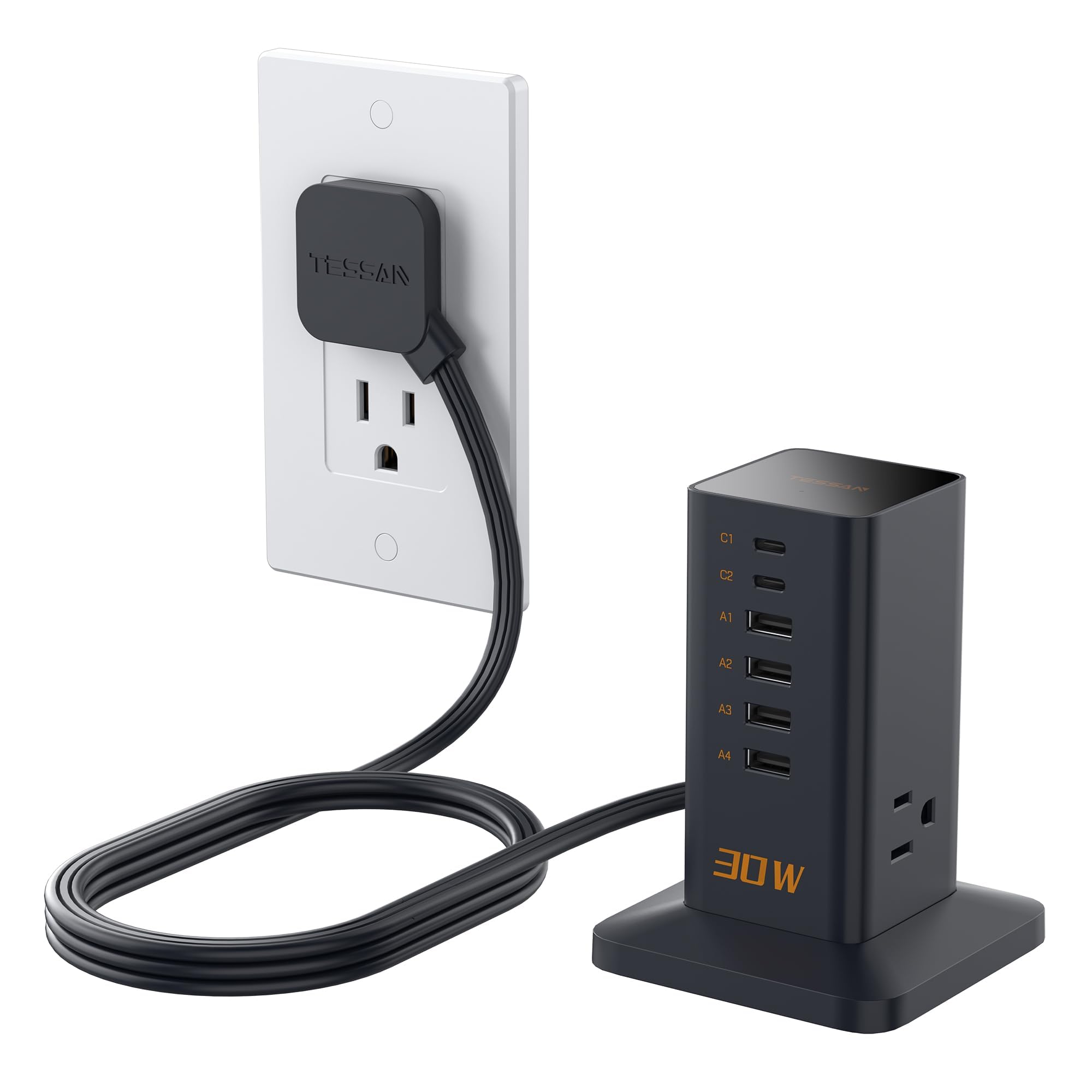 Charging Station, TESSAN 30W USB C Charger Block with 6-Ports and 3 AC ...