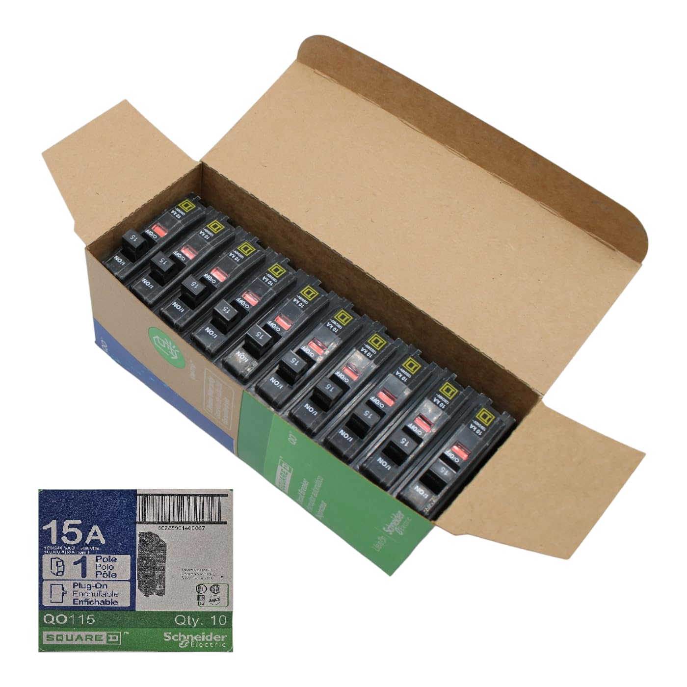 Square D QO115 Circuit Breaker, 10 Pack, QO, 15 Amps, 120 Volts, UL ...