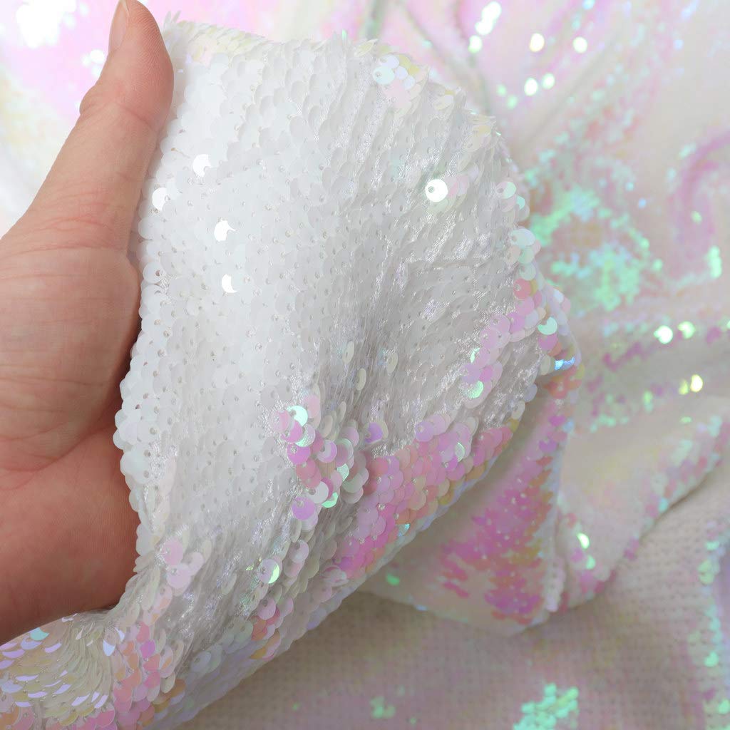 ShinyBeauty Sequin Fabric by The Yard Mermaid Fabric Iridescent White ...