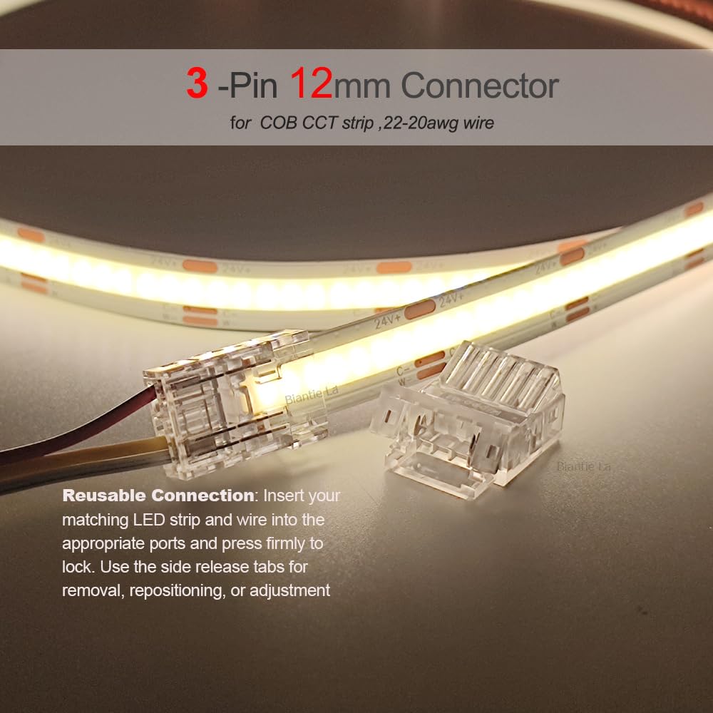 Snapklik.com : 3-Pin LED Strip Connector 12mm, Solderless Clip For COB ...