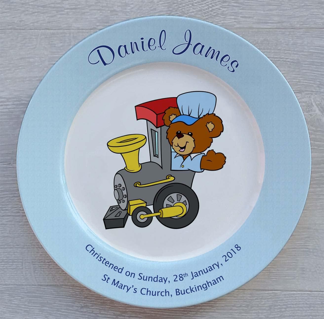 Amazon.com: Personalized Birth Plate with a Blue Rim - Train Design : Baby