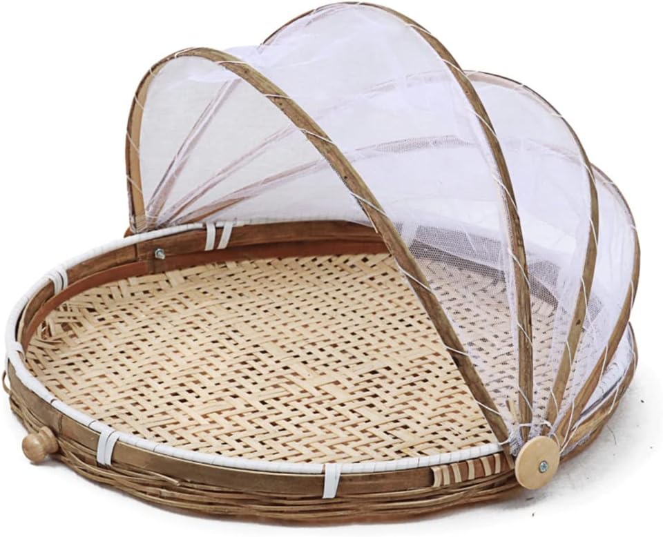 Hand Woven Round Food Basket with Mesh Cover - Covered Serving Tent for ...