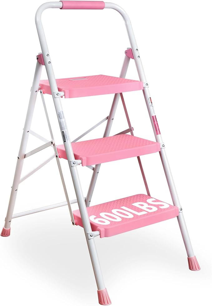 BONTEC 3-Step Ladder, Folding Step Stool, 600lbs Max Load Capacity ...