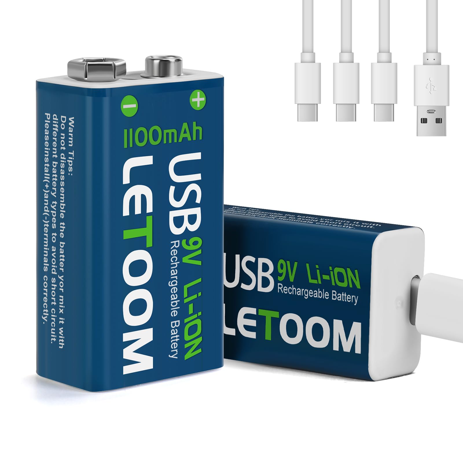 Snapklik.com : USB Rechargeable 9V Lithium Batteries, 1000mAh, Set For ...