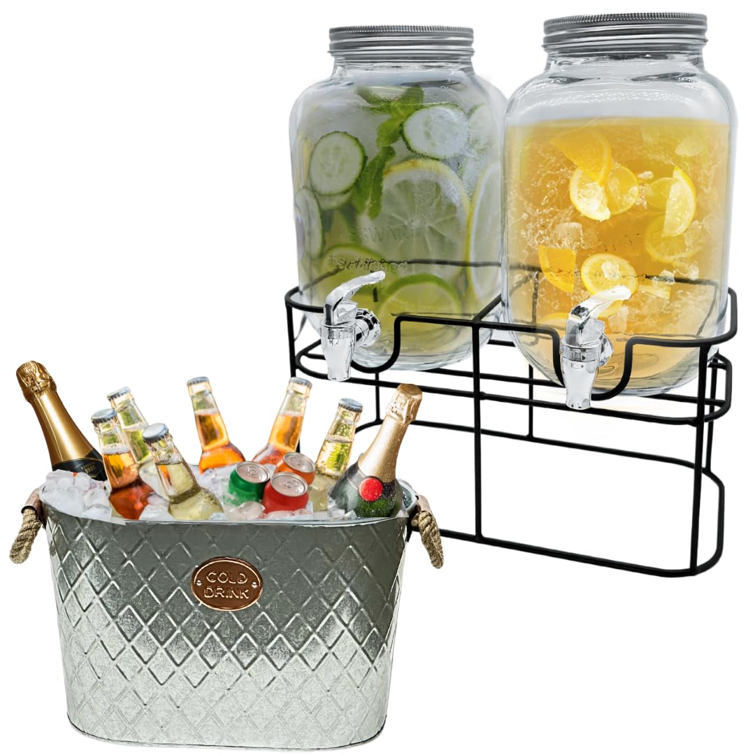 Trendi 2 x 4L Glass Drinks Dispenser with Taps and Metal Stand and 24L ...