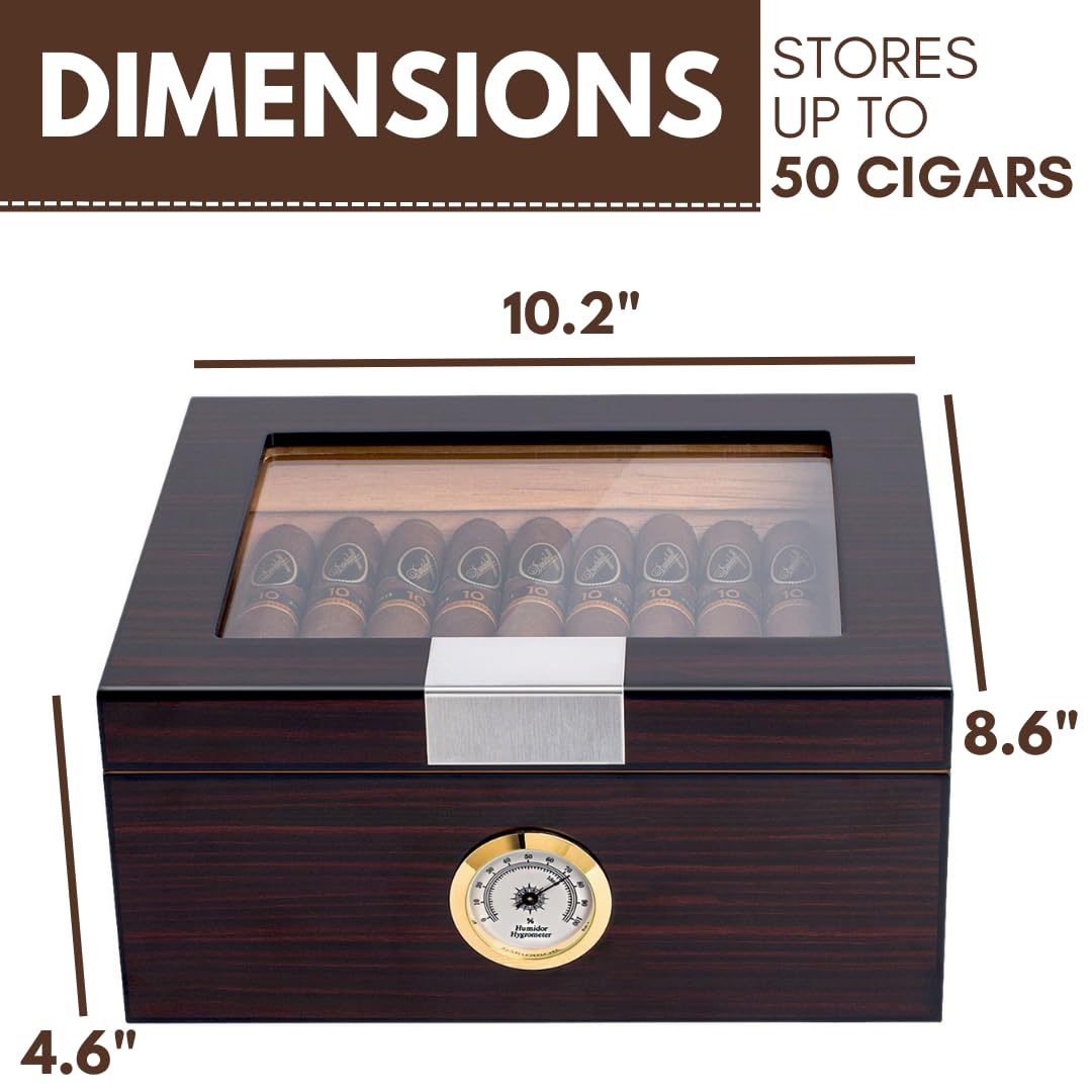 Mantello Ebony Glass-Top Cigar Humidor Humidifier Box With Hygrometer ...