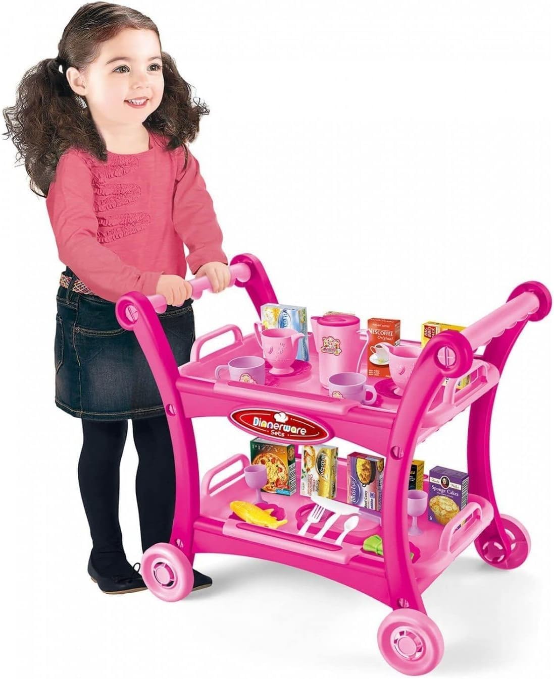 Kids Tea & Cake Trolley Pretend Play Set – 28 Piece Pink Push Along Toy ...