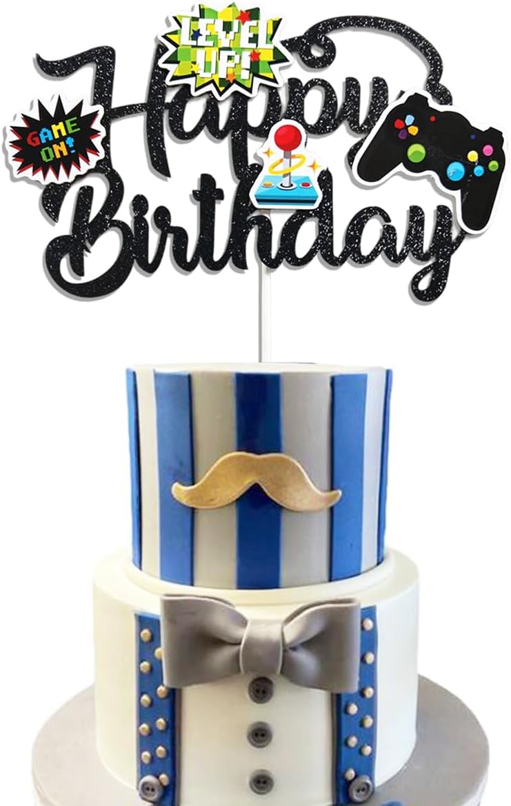 Happy Birthday Video Game Cake Topper Glitter Black Gamer Cake Topper ...