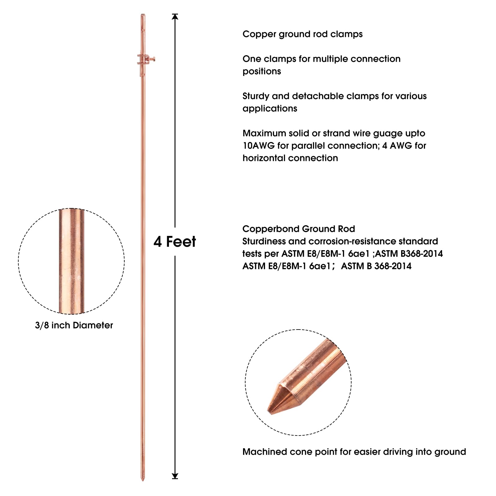 Snapklik.com : 4 Foot Copper Grounding Rod, 3/8" Dia. Bonded Copper ...