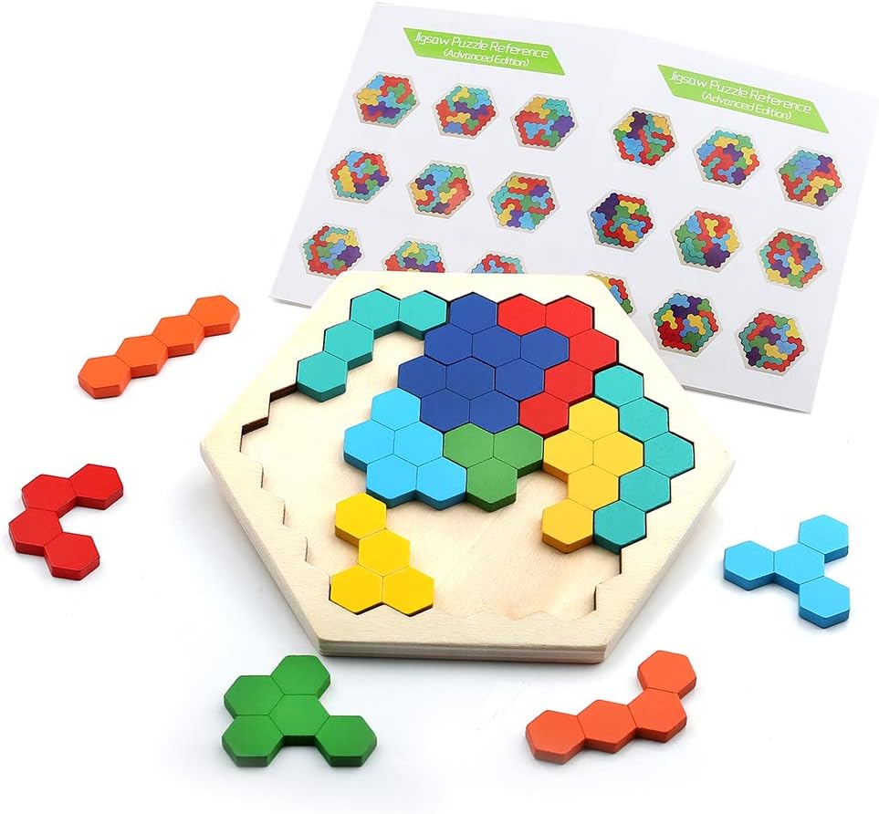 Coogam Wooden Hexagon Puzzle for Kid Adults - Shape Block Tangram Brain ...